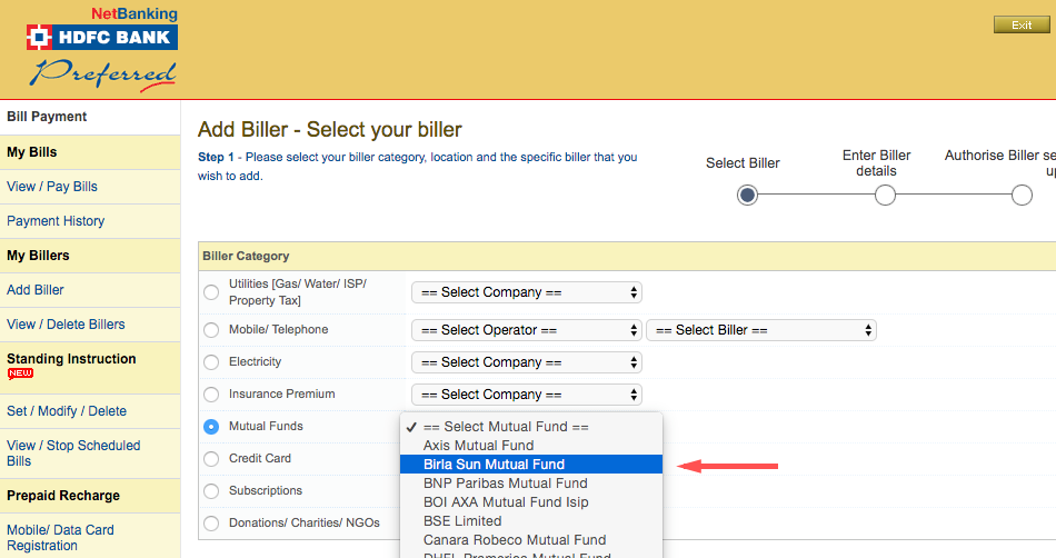 How to add I-SIP URN number in HDFC Netbanking