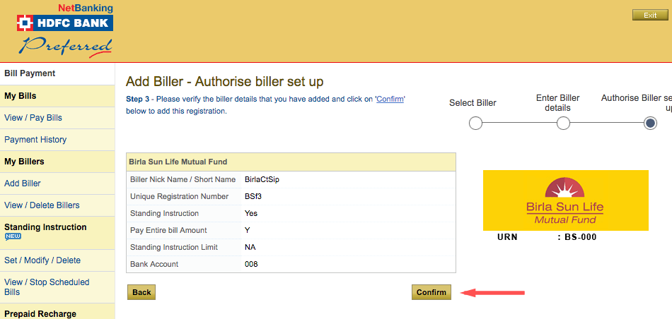 How to add I-SIP URN number in HDFC Netbanking